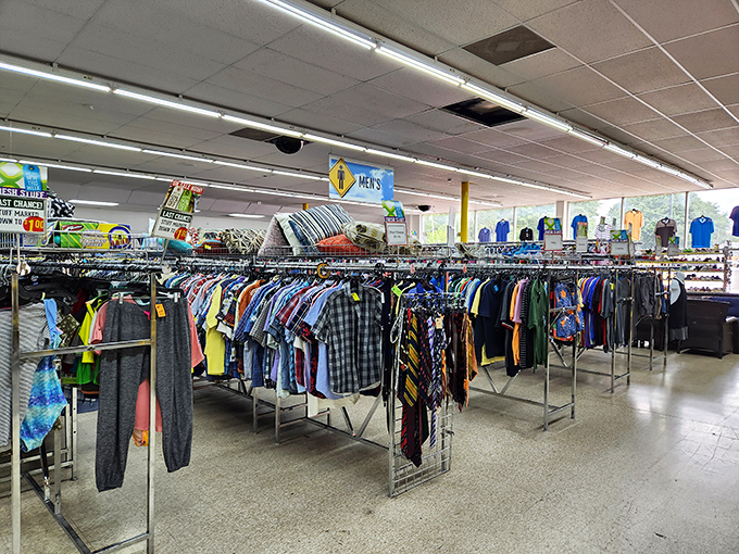 Treasure hunters paradise! Rows upon rows of clothing racks await exploration, each one potentially hiding that perfect vintage find you never knew you needed.
