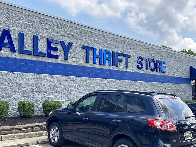 Valley Thrift's iconic blue stripe wraps around the building like a ribbon on a giant present waiting to be unwrapped by bargain hunters.