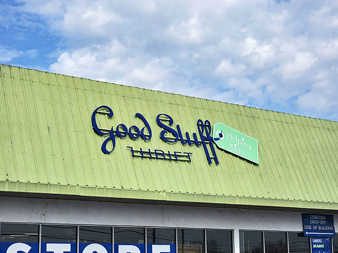 The lime green facade of Good Stuff Thrift stands out like a beacon for bargain hunters, promising treasures within those sliding glass doors.