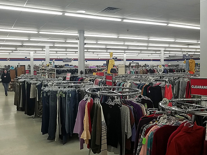 The clothing section stretches toward the fluorescent horizon, where fashion treasures await discovery by savvy Wisconsin shoppers with champagne taste and beer budgets.
