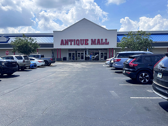 The Lakeland Antique Mall beckons with its bold red signage, promising treasures inside that won't break the bank. Florida's vintage paradise awaits!
