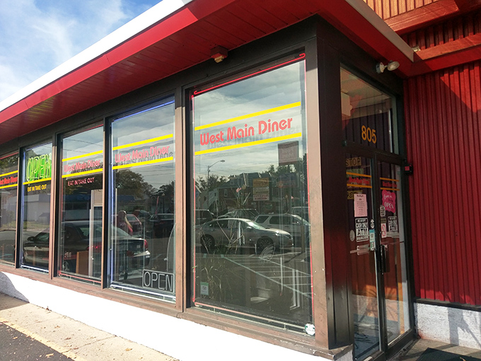 The bright red exterior of West Main Diner stands like a beacon of breakfast hope on Lansdale's main drag. Classic Americana at its finest.