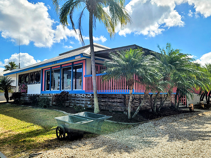 The Lazy Flamingo's cheerful exterior promises Florida fun with its bright blue trim and red railings—a casual seafood haven hiding in plain sight.