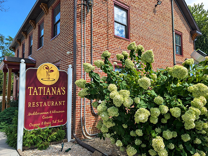 Tatiana's burgundy sign against classic brick architecture creates the perfect first impression—like finding a European postcard come to life in central Pennsylvania.