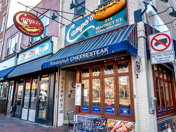 Campo's corner presence on Market Street isn't just prime real estate&mdash;it's a landmark where cheesesteak dreams come true daily. The blue awning is practically a city flag.