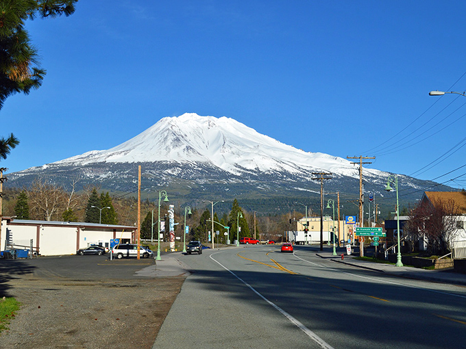 Mount Shasta dominates the skyline, making every commute feel like a National Geographic documentary.