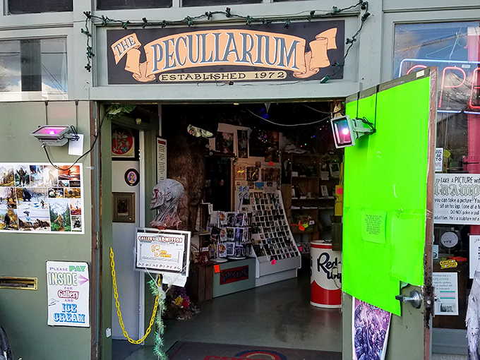 The neon-green door of the Peculiarium beckons like a portal to another dimension. Portland weird at its finest!