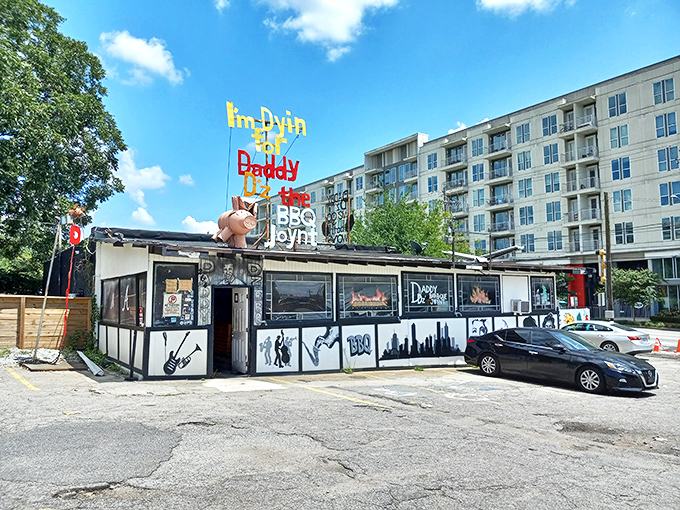 The unassuming exterior of Daddy D'z, complete with iconic flying pig sign, proves the golden rule of BBQ: the more weathered the building, the better the food.