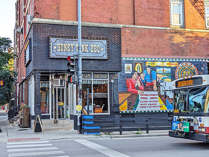 The corner brick building with its vintage sign and vibrant mural isn't just announcing "BBQ" &ndash; it's promising a time-traveling flavor adventure in Pilsen.