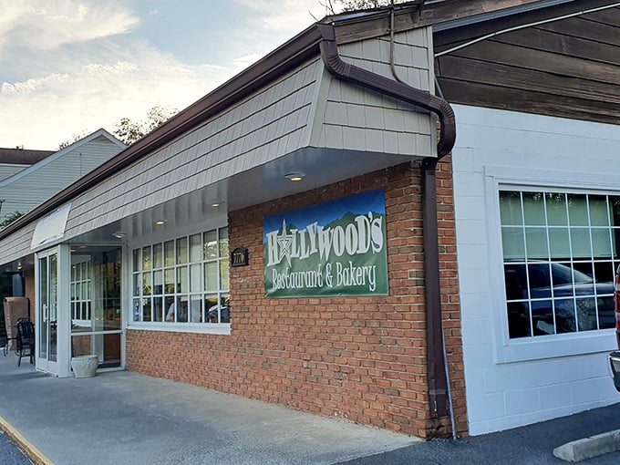 The unassuming brick exterior of Hollywood's Restaurant & Bakery in Roanoke&mdash;proof that culinary treasures often hide in plain sight.