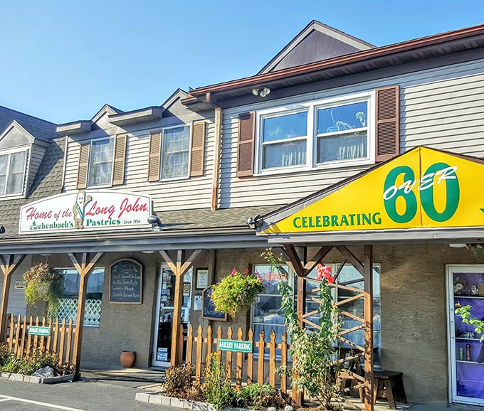 The unassuming exterior of Achenbach's hides a treasure trove of pastry perfection. That yellow "Celebrating 60" banner isn't just decoration—it's a testament to staying power.
