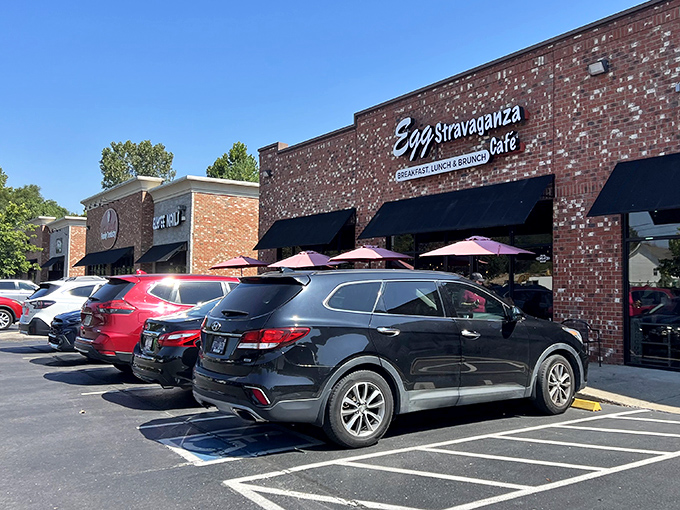 The brick exterior of Eggstravaganza Cafe promises little, delivers everything. Those packed parking spaces tell the real story&mdash;breakfast worth getting dressed for.