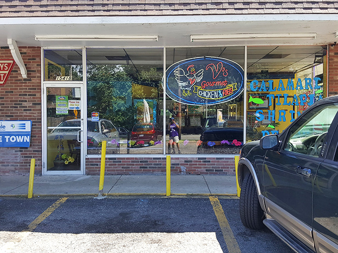 The unassuming storefront of V's Gourmet Chicken might not scream "culinary destination," but that blue neon sign is like a beacon for fried chicken pilgrims throughout Cleveland.