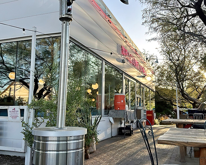 The charming patio at Welcome Diner invites you to savor those heavenly biscuits under Arizona's perfect evening skies.