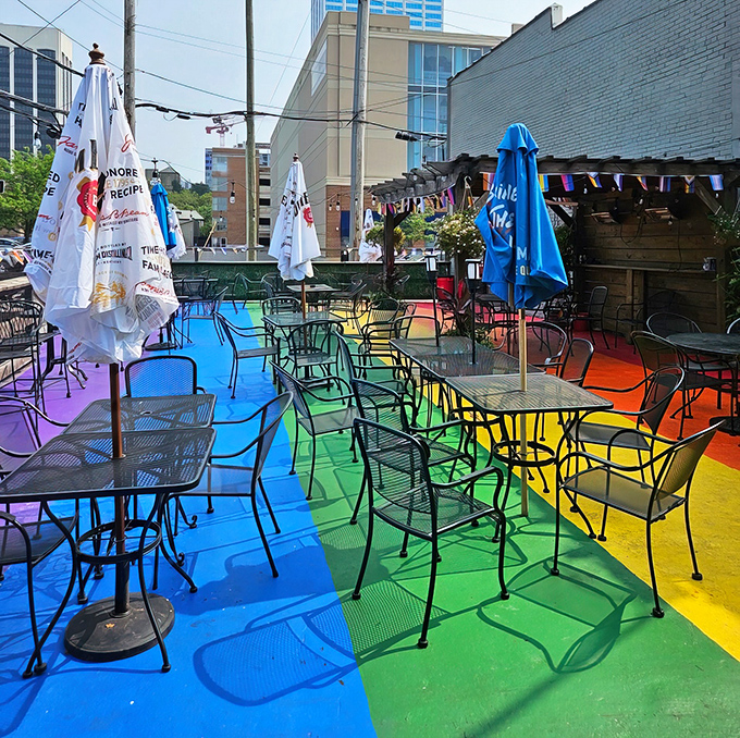 Slammers' rainbow patio isn't just a feast for the eyes&mdash;it's an outdoor oasis where pizza tastes even better under those colorful umbrellas and twinkling string lights.
