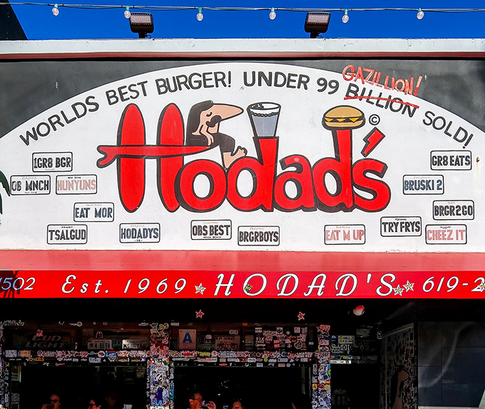 The sign says it all: "World's Best Burger!" with "Gazillion Sold." In Ocean Beach, humility takes a backseat to honest burger bragging rights.