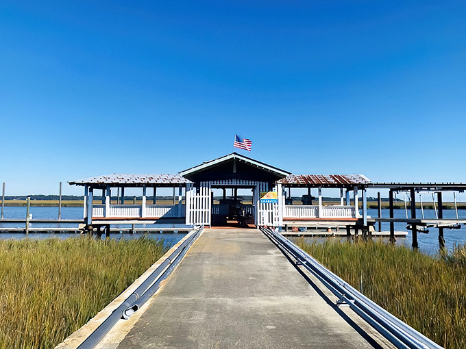 Where land meets water, this dock-perched restaurant offers more than meals—it serves up coastal magic with every breeze.