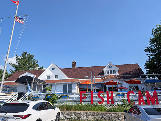 The white clapboard exterior with those bold red "FISH CAMP" letters is like a siren call to seafood lovers. Maritime charm meets Midwest hospitality right on Michigan City's waterfront.