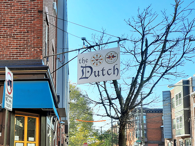 The iconic blue-and-white striped awning and simple hanging sign announce The Dutch without fanfare &ndash; like a secret handshake for breakfast aficionados.