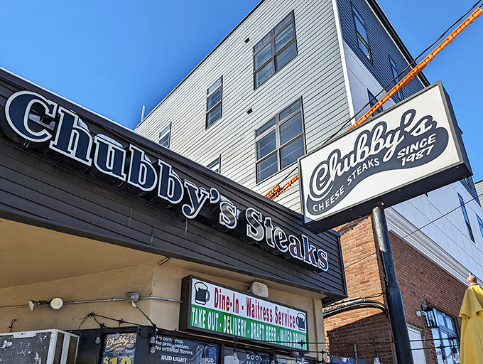 The iconic blue and white sign of Chubby's has been beckoning cheesesteak pilgrims to Roxborough since 1987. No fancy frills, just a promise of greatness.
