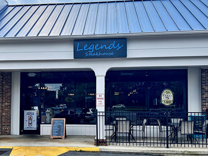 The unassuming blue sign promises more than it shows &ndash; like finding a Rolex in a paper bag. Legends Steakhouse keeps its focus on what matters: the food.