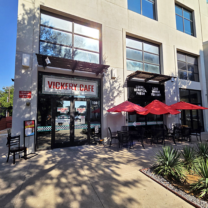At Vickery Cafe in Fort Worth, hearty breakfasts and casual charm shine under those signature red umbrellas.