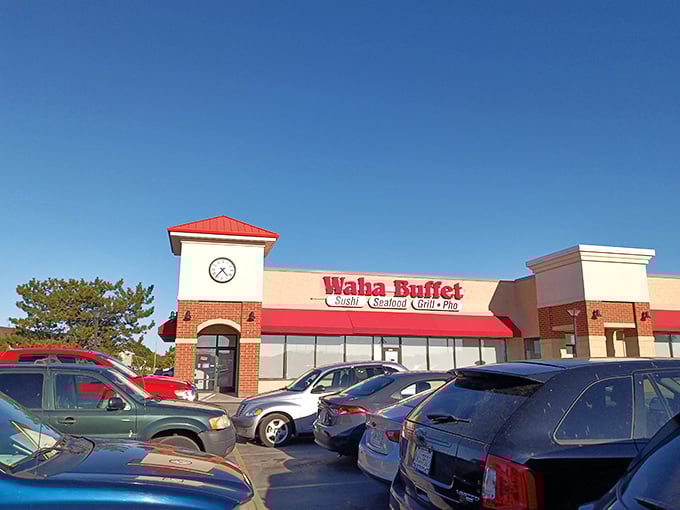 Even on a perfect blue-sky day, the real sunshine awaits inside this unassuming strip mall treasure. The full parking lot tells the story.