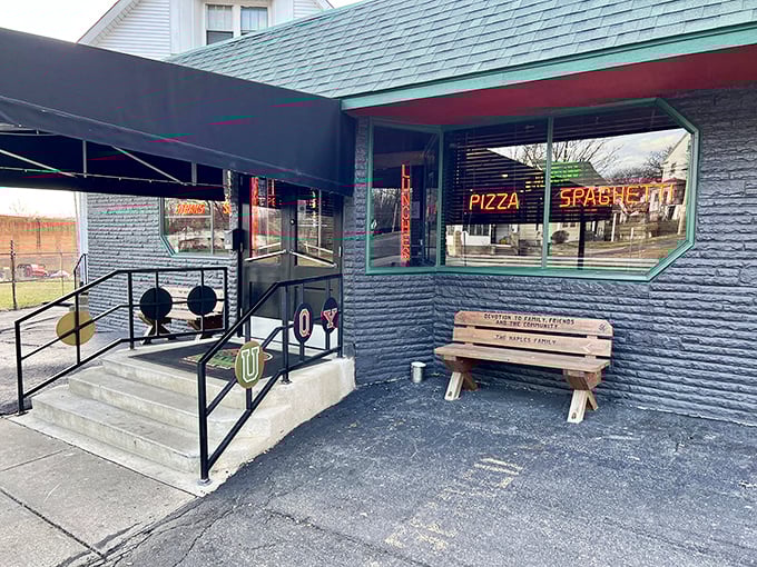 The neon promise of "PIZZA SPAGHETTI" glows like a beacon for hungry souls. This unassuming exterior hides culinary treasures that Youngstown locals have treasured for generations.