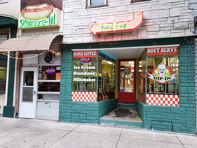 The turquoise facade of Squeeze-In isn't just a name&mdash;it's a literal description. This sliver of hot dog heaven has been a Sunbury landmark since 1945.