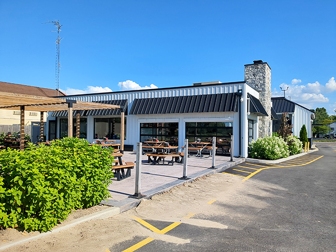 The unassuming exterior of Jolly Rogers stands like a beacon for seafood lovers, promising Lake Erie's finest catches behind those modest walls.