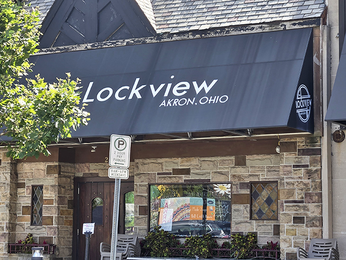 The stone facade of The Lockview stands like a humble guardian of grilled cheese greatness in downtown Akron, its understated awning promising comfort without pretension.