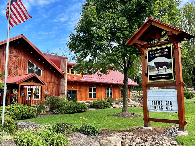 Rustic charm meets serious barbecue business at Stampede's barn-like exterior. The American flag waves as if to say, "Get in here, hungry patriots!"