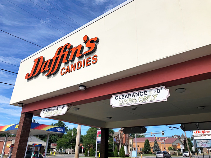 The iconic Daffin's sign welcomes sugar-seekers like a beacon of sweetness against the Pennsylvania sky. Chocolate paradise awaits!