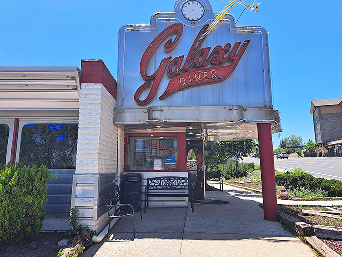 The iconic Galaxy Diner sign stands proudly against the Arizona sky, a beacon of nostalgia on Flagstaff's historic Route 66.