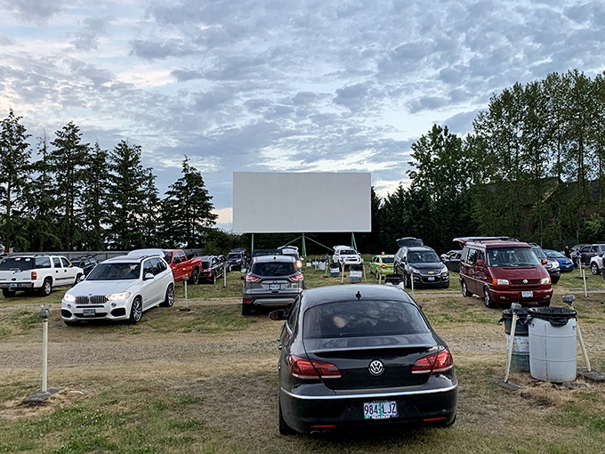 The classic view that makes movie lovers' hearts skip a beat&mdash;vehicles nestled together under an Oregon sky, waiting for dusk's cinematic magic.