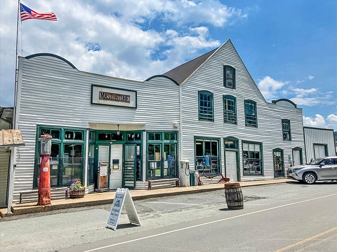 The iconic white clapboard exterior of Mast General Store stands proudly against Carolina blue skies, beckoning visitors like a Norman Rockwell painting come to life.