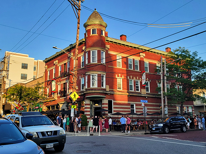 Mia Bella's classic brick exterior in Little Italy stands like a culinary lighthouse, beckoning hungry travelers with promises of authentic Italian delights within.