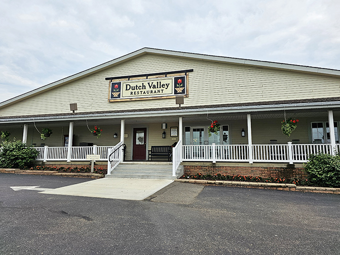 The welcoming front porch of Dutch Valley Restaurant beckons like a grandmother with fresh cookies. Amish Country hospitality at its finest.