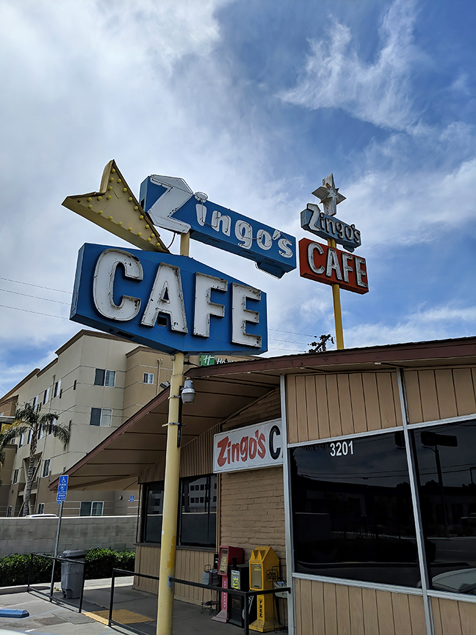 That iconic blue Zingo's sign against the California sky isn't just a landmark&mdash;it's a promise of comfort food that delivers every time.