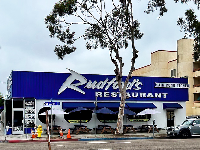 The iconic blue facade of Rudford's stands like a time capsule on El Cajon Boulevard, promising comfort food and nostalgia in equal measure.