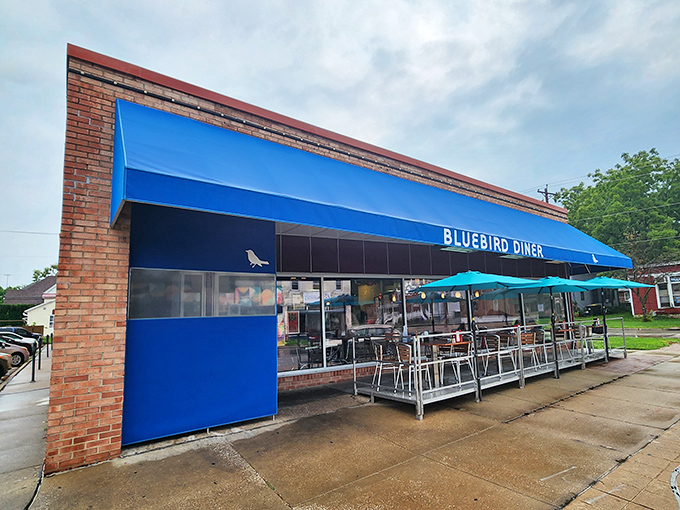 Rain or shine, the Bluebird's vibrant exterior promises a refuge where comfort food and conversation flow as freely as the coffee.