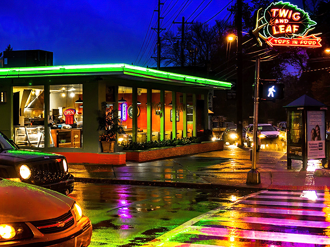 That neon glow against a rainy night sky isn't just a sign—it's a beacon calling hungry souls home to comfort food paradise.