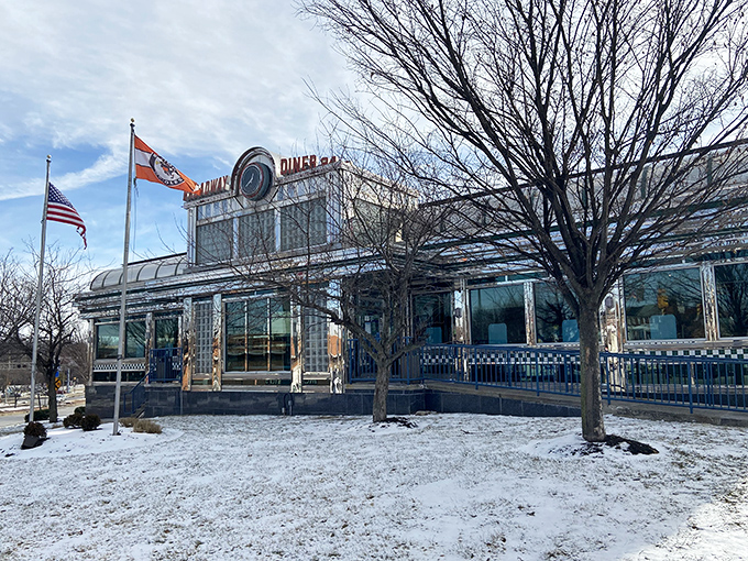 Shiny chrome, bold neon, and a dash of snow&mdash;this diner feels like a jukebox come to life.