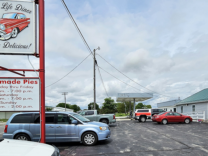That classic diner sign promises homemade pies and delivers on that promise spectacularly. The red Chevy illustration is just a bonus!