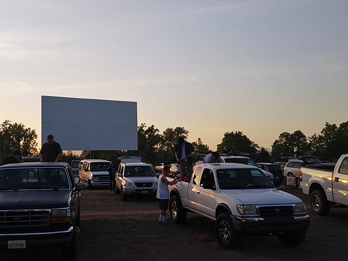 The golden hour at Lakeport Auto Movies creates that perfect nostalgic glow, where families gather between cars as the day's final light paints the screen in anticipation.