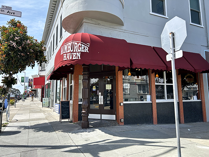 The iconic red awning of Hamburger Haven stands as a beacon of breakfast hope on the corner of 9th Avenue in San Francisco's Inner Sunset.