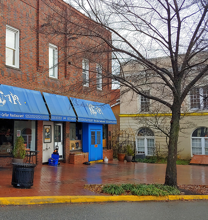 The iconic blue awning of The Cellar Restaurant stands out against Blacksburg's brick backdrop like a Mediterranean oasis in Hokie country.