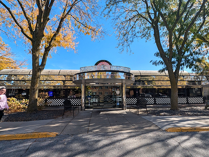The classic chrome-trimmed exterior of Drake Diner gleams in autumn sunlight, promising nostalgic comfort food that'll transport you back to simpler times.