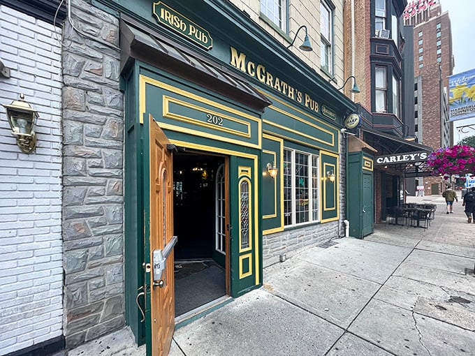 The emerald facade of McGrath's Pub stands out on Harrisburg's Locust Street like a beacon of Irish hospitality in Pennsylvania's capital.