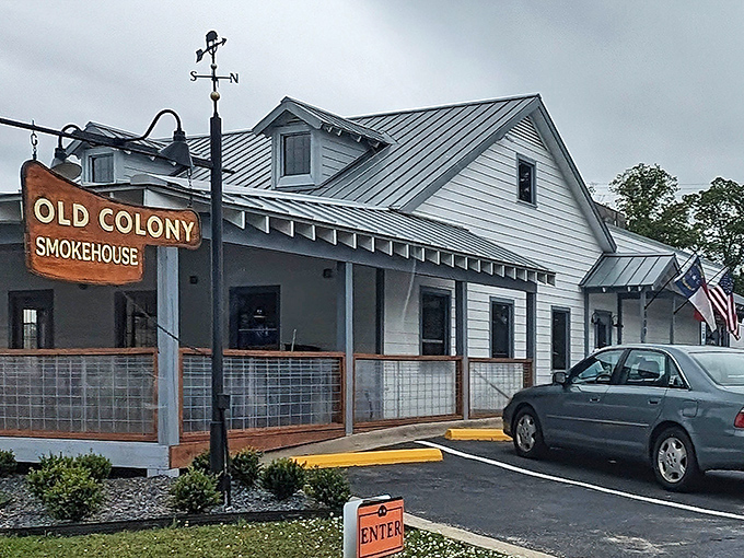 That weathered sign beckons like a beacon of barbecue bliss, promising smoky treasures within this charming Edenton gem.